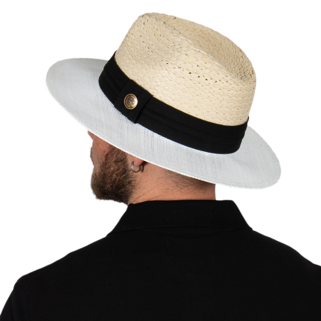 White Natural Panama Hat, Men Summer Raffia Hat, Ecuador Montecristi Flat Brim, Man Mixed Fedora ...