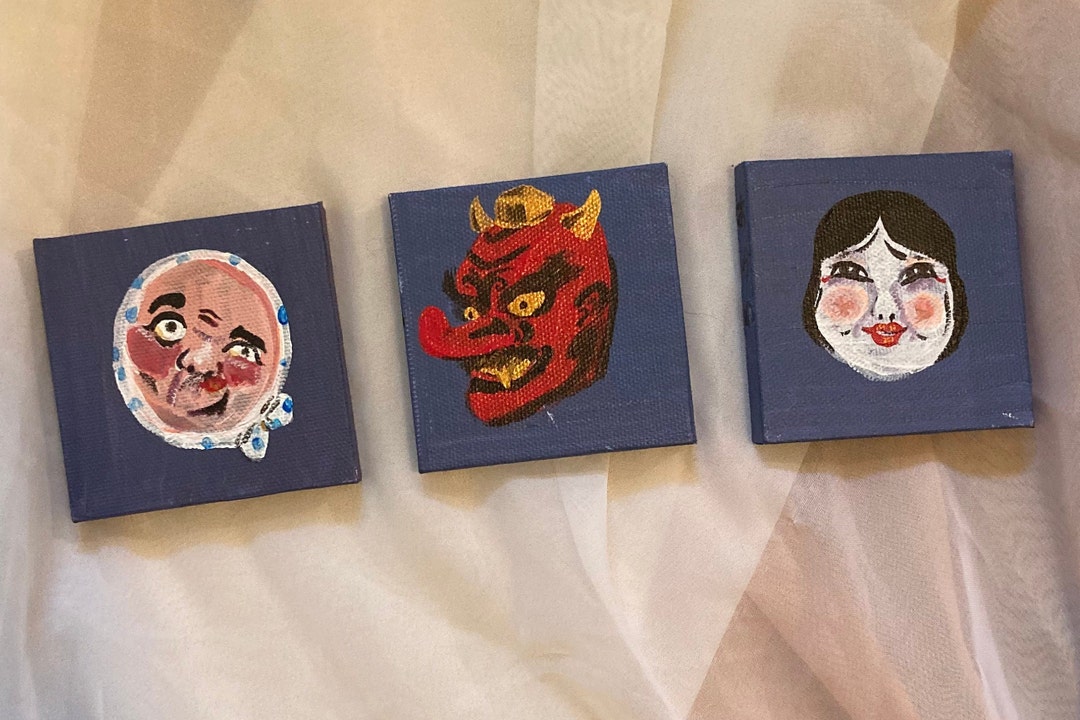 Japanese Good-luck Masks- Miniature Hyottoko, Tengu Okame Triptych Set ...