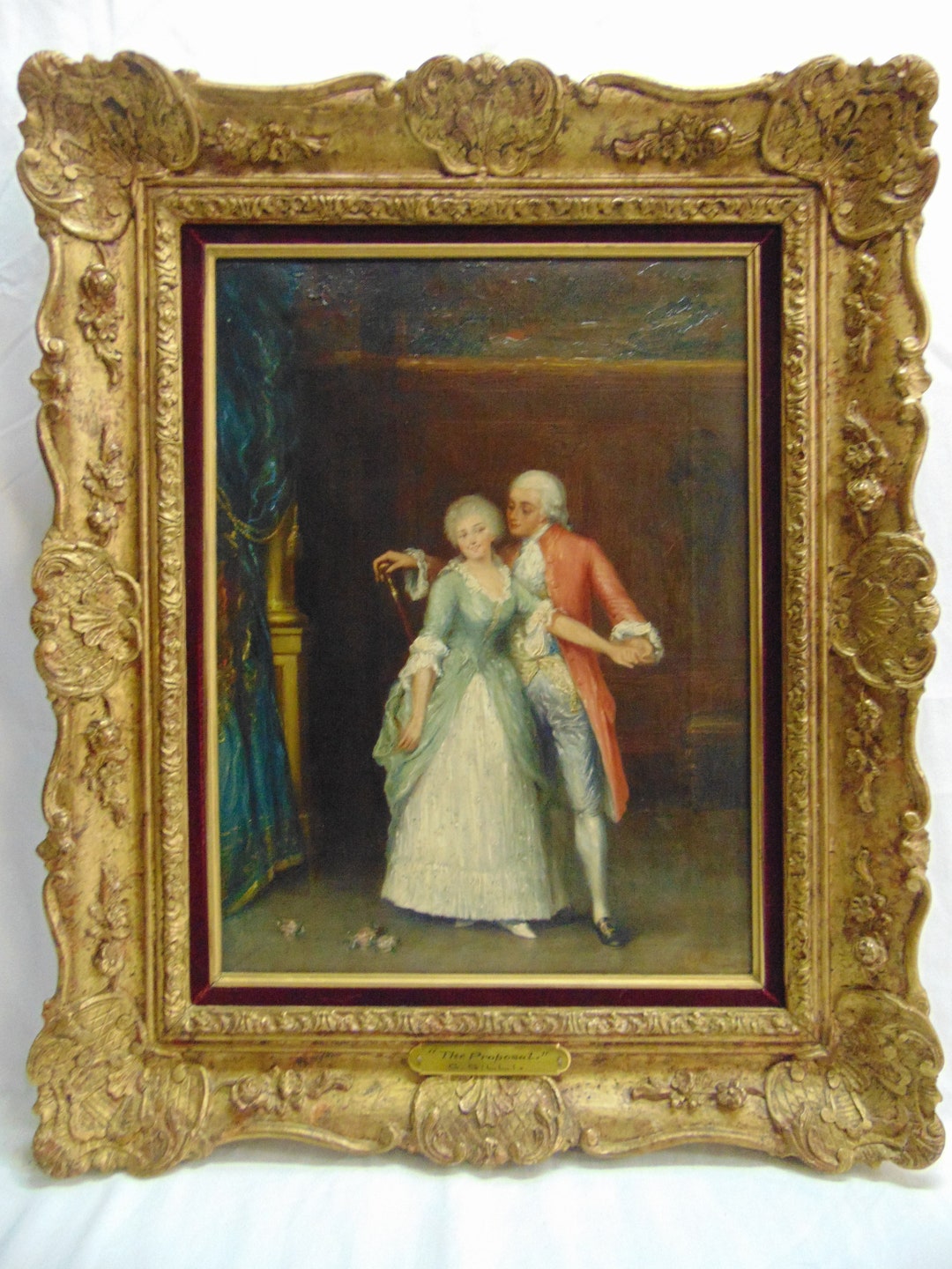 The Proposal, Framed Oil on Canvas Painting by Cezarina Gilli, Antique ...