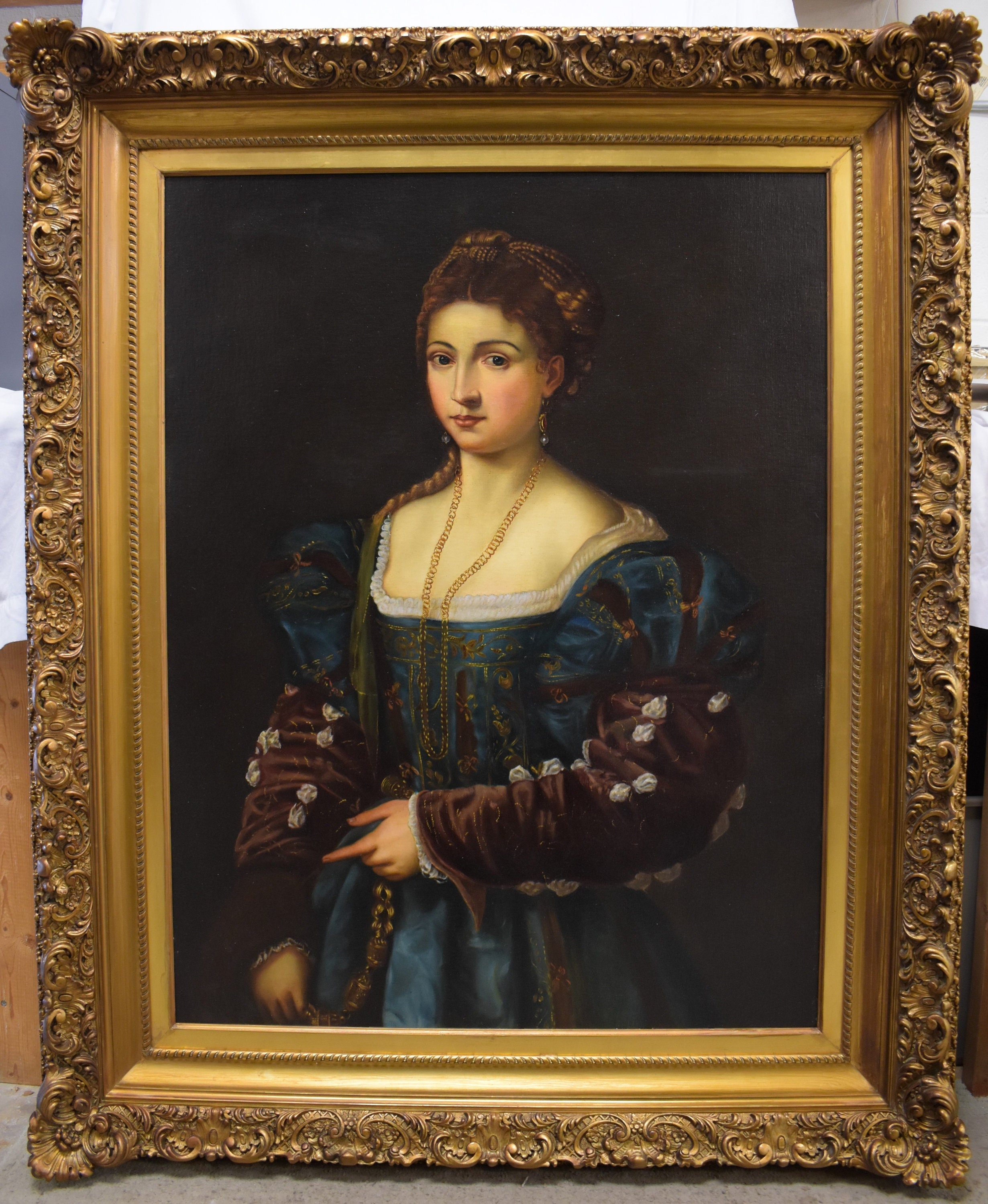 La Bella Framed Oil on Canvas Painting by Studio of Uffizi After Titian ...