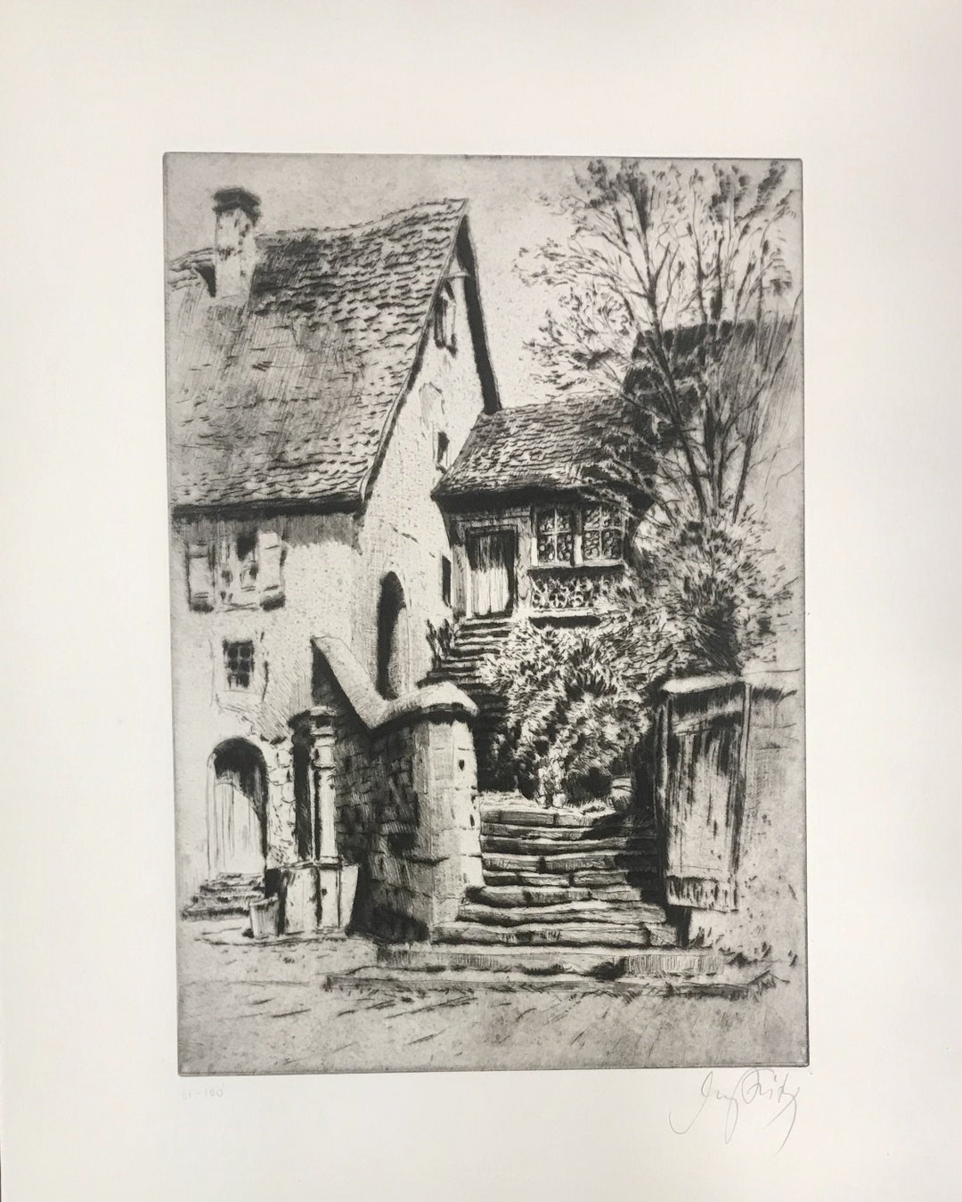 Limited Edition Antique Etching of European Village Scene - Hand Signed ...