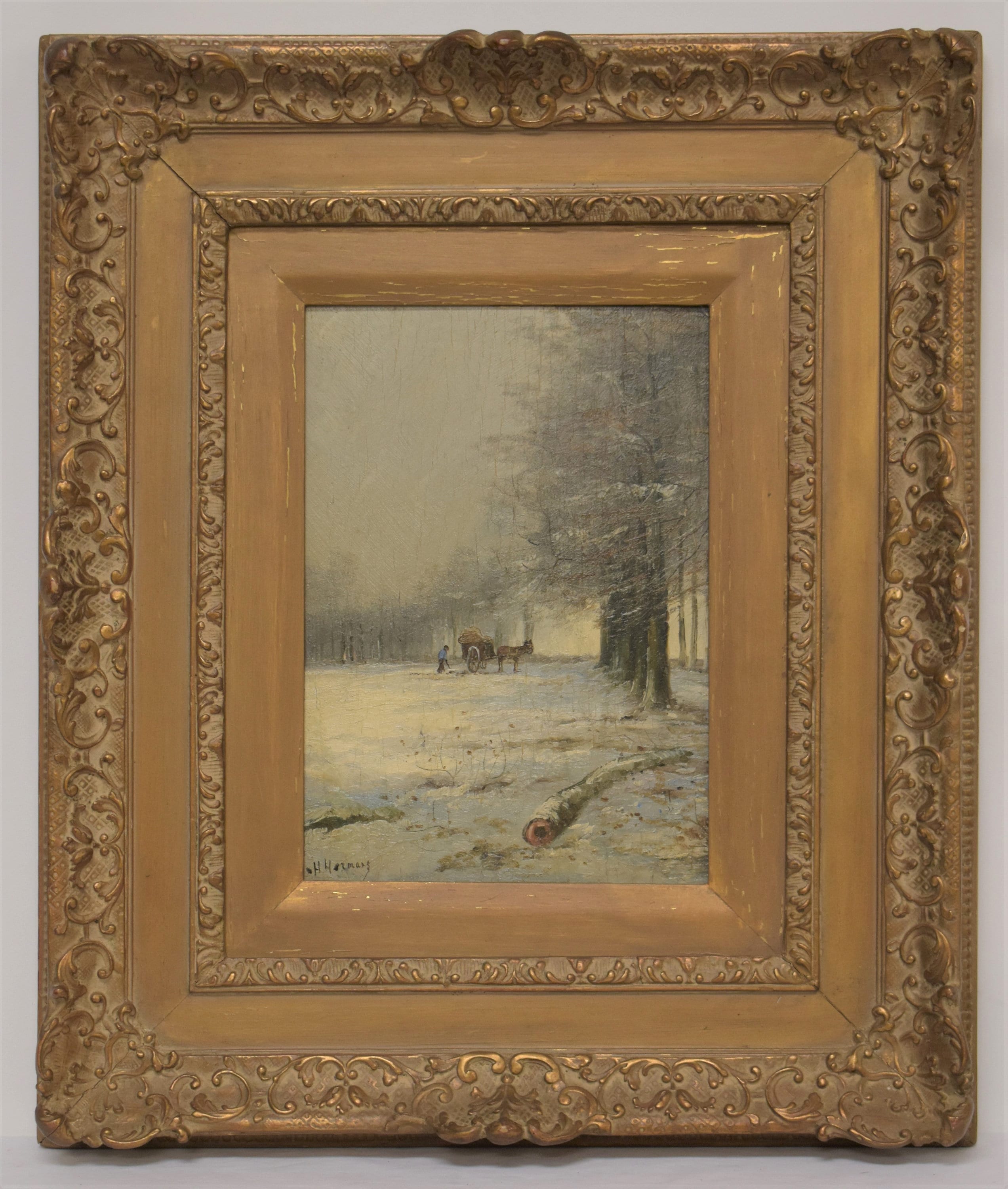 Landscape Oil Painting by H. Harmans in Antique Finished Corner Frame ...