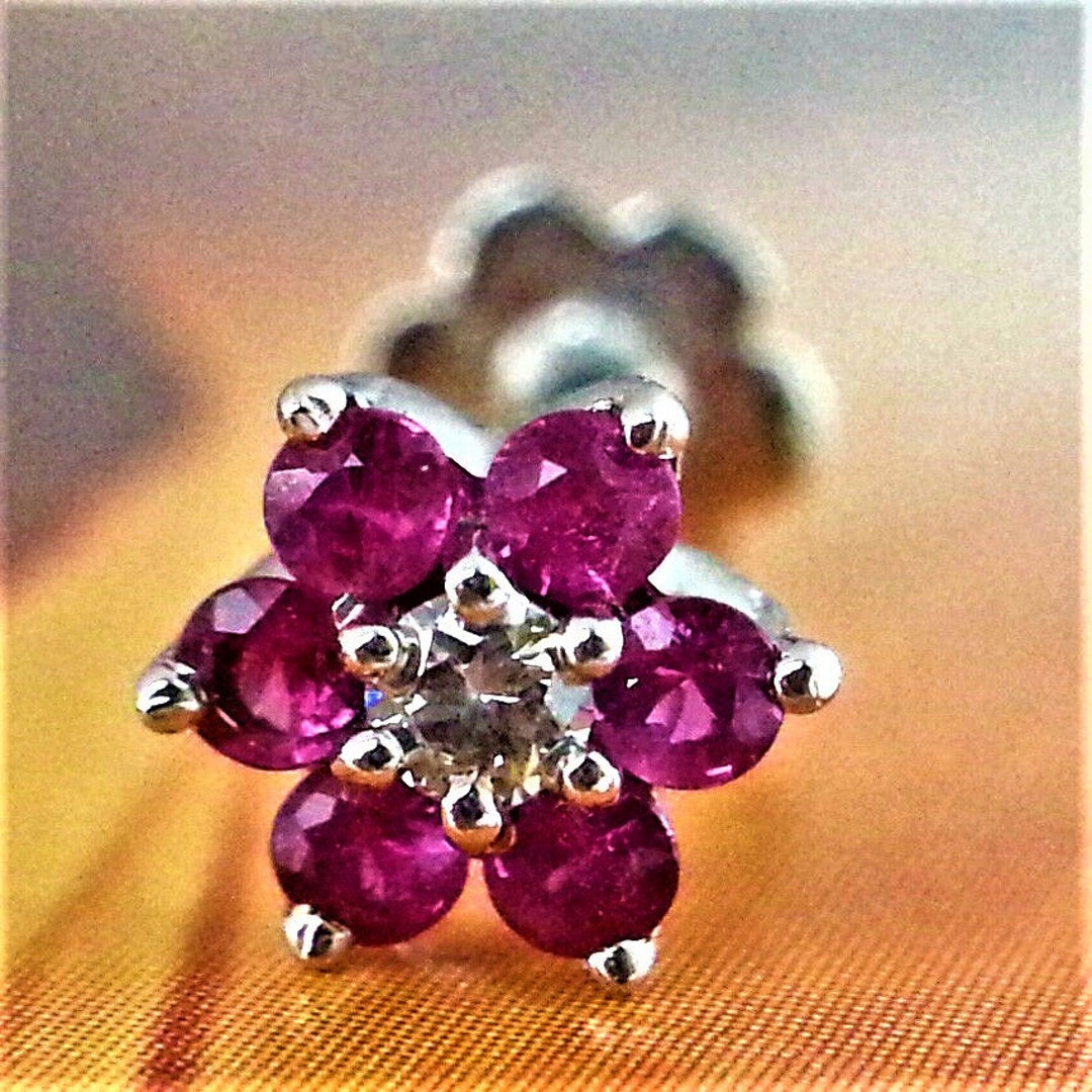 Round Cut Ruby & Moissanite Nose Pin, Screw Back Stud Nose Pin, Solid ...