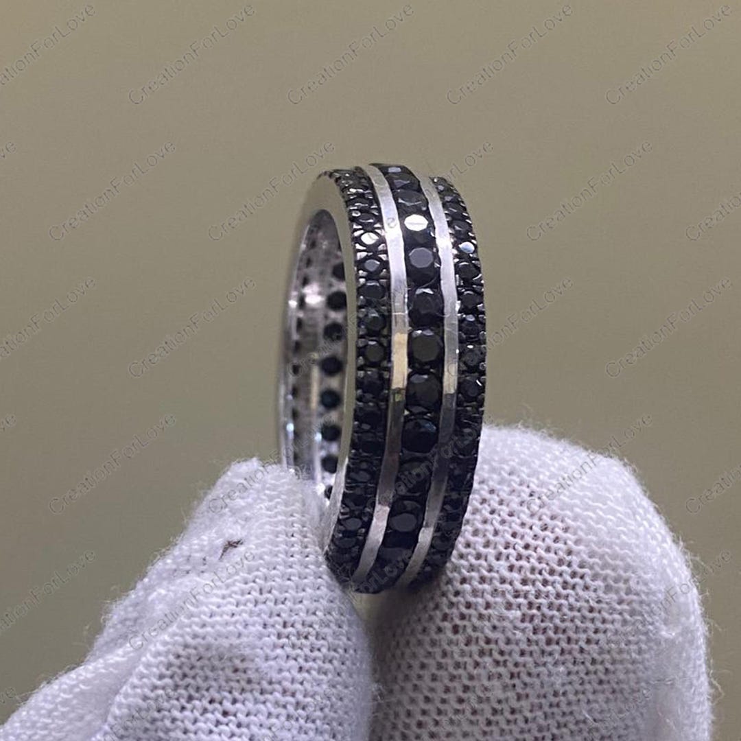 Round Cut Black Lab Grown Diamond Man's Band in 14K Solid White Gold - Etsy
