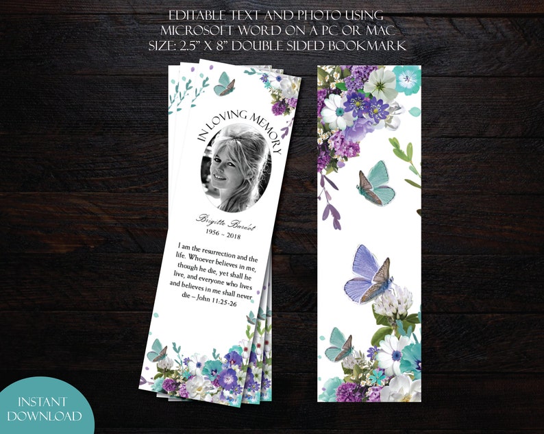 Teal Lavender Butterfly Bookmark Template Funeral Bookmark Etsy