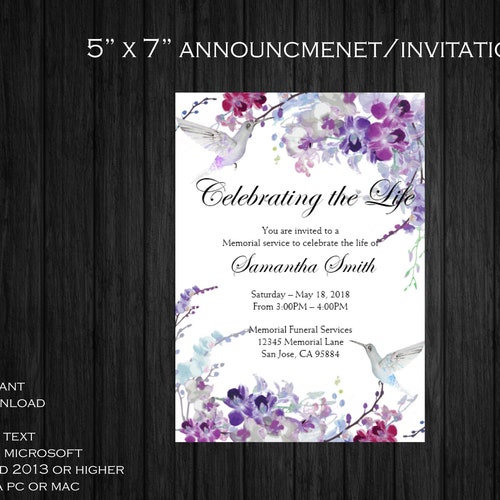 Celebration of Life Invitation Funeral Invitation Purple - Etsy