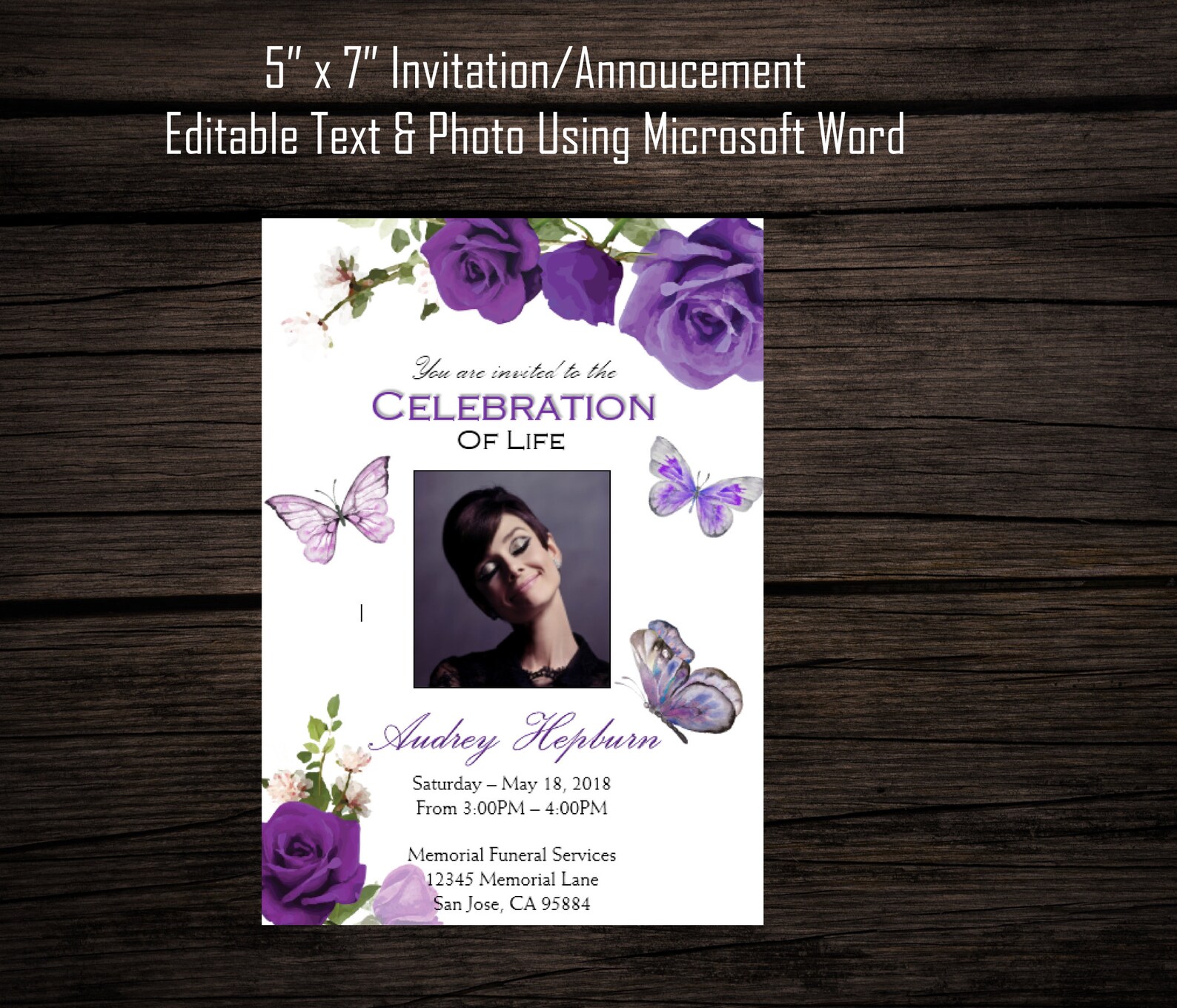 Purple Roses Butterflies Funeral Announcement | Memorial Invitation ...