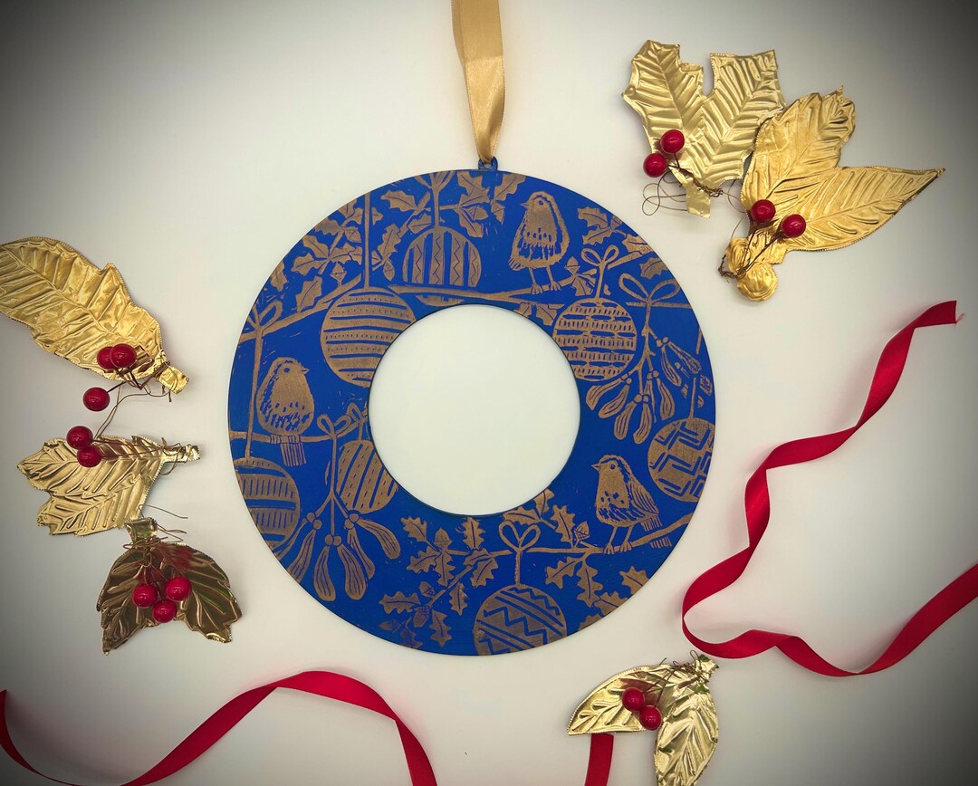 Hand Printed Linocut Christmas Wreath, Robins and Baubles Design in ...