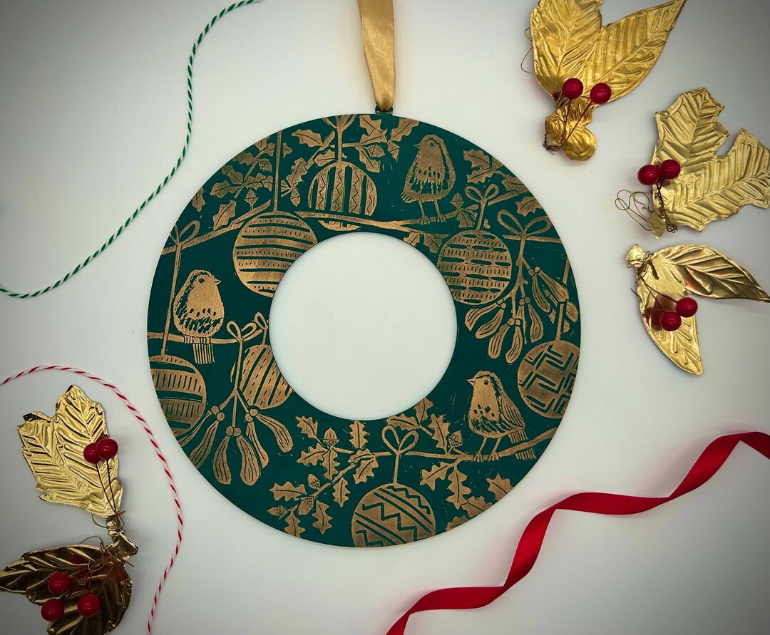 Hand Printed Linocut Christmas Wreath, Robins and Baubles Design in ...