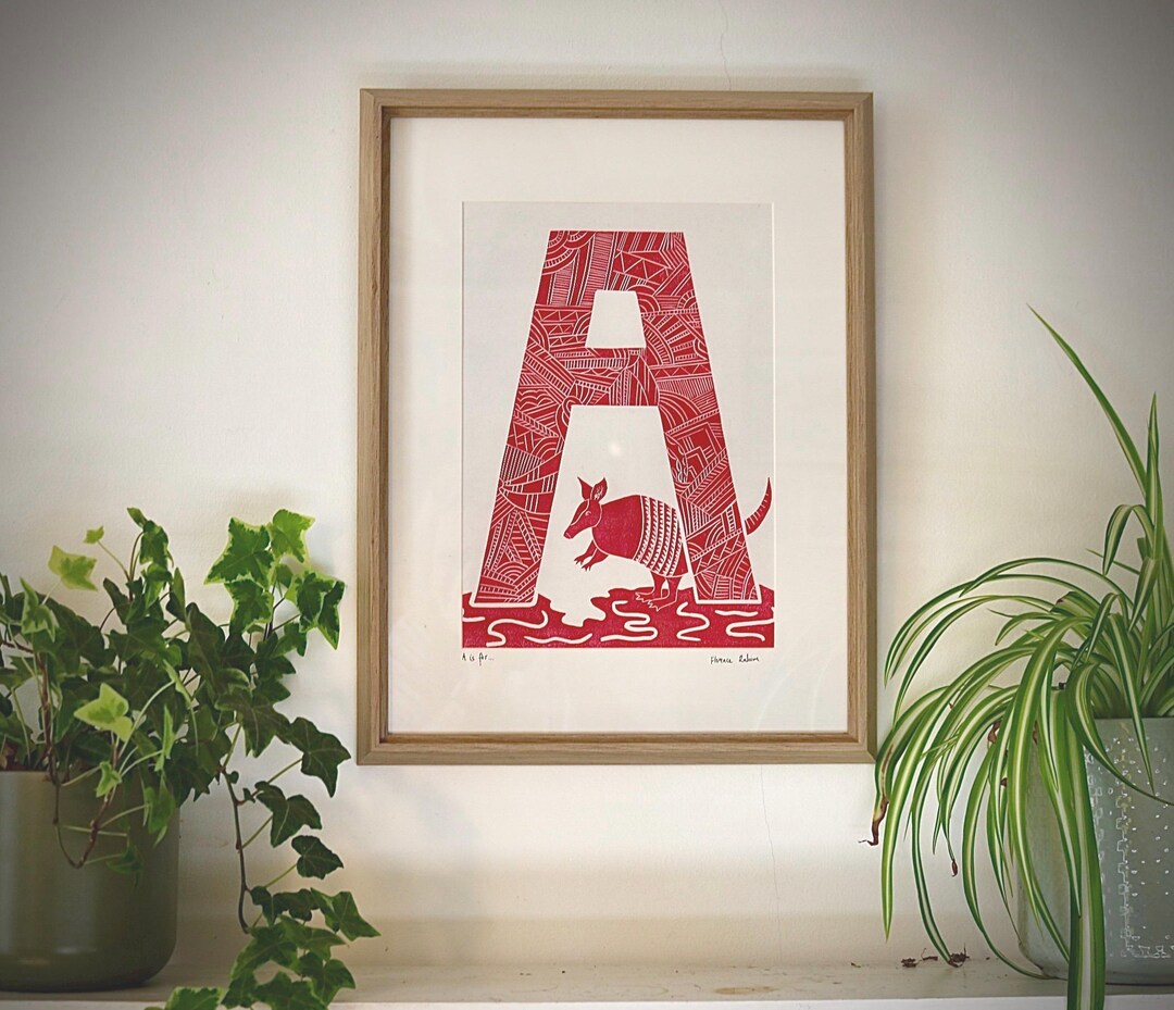 Framed Armadillo Linocut Print - Letter A - Kids Nursery Wall Art - Etsy