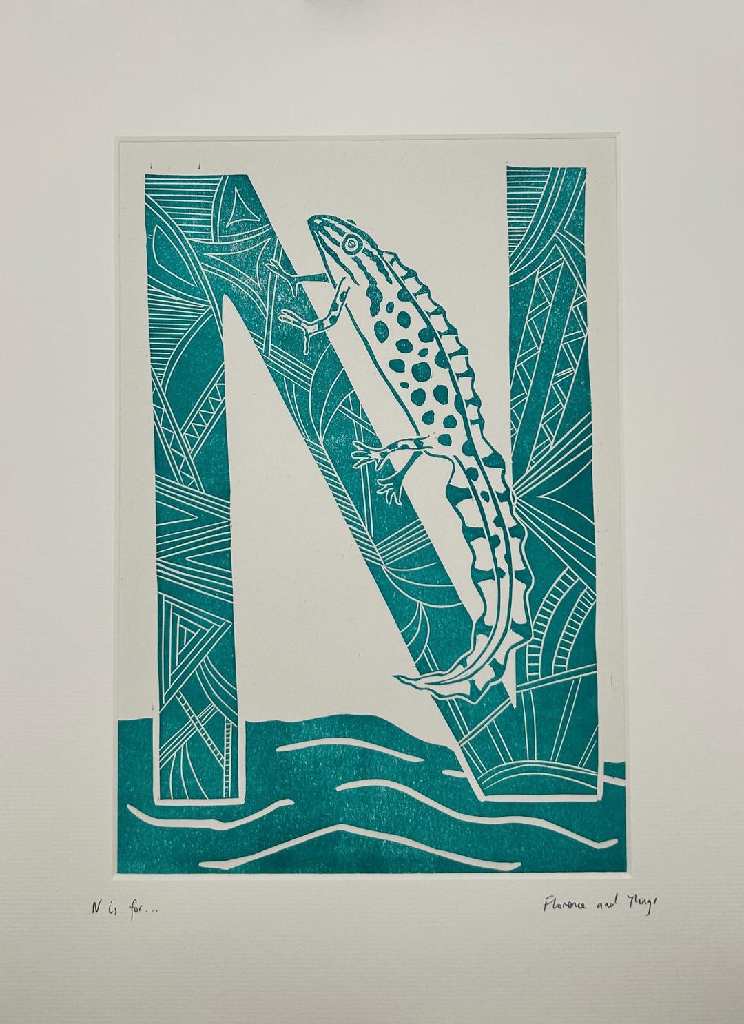 Alphabet Linocut Print - Letter N for Newt - Kids Nursery Wall Art ...