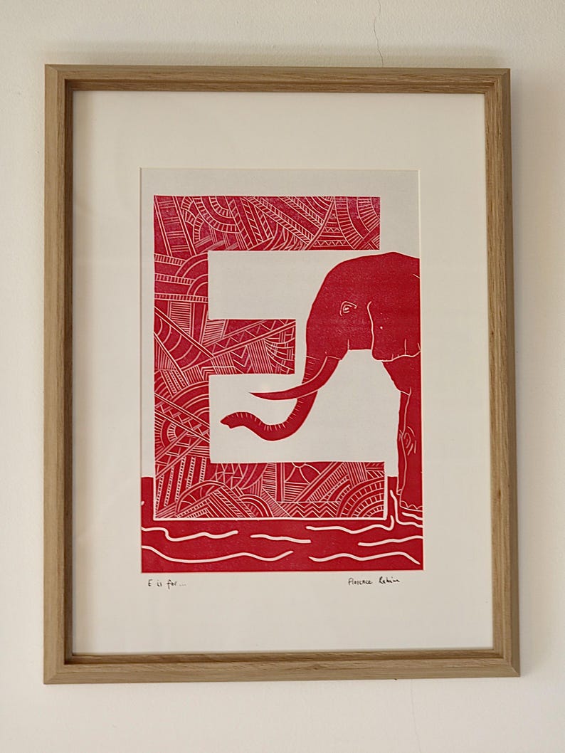 Framed Handprint Linocut Alphabet Print - the Letter E - Elephant Print ...
