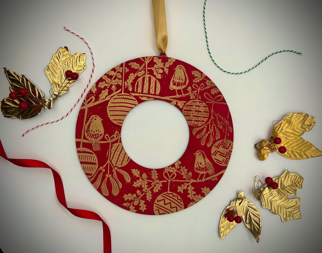 Hand Printed Linocut Christmas Wreath, Robins and Baubles Design in Red ...