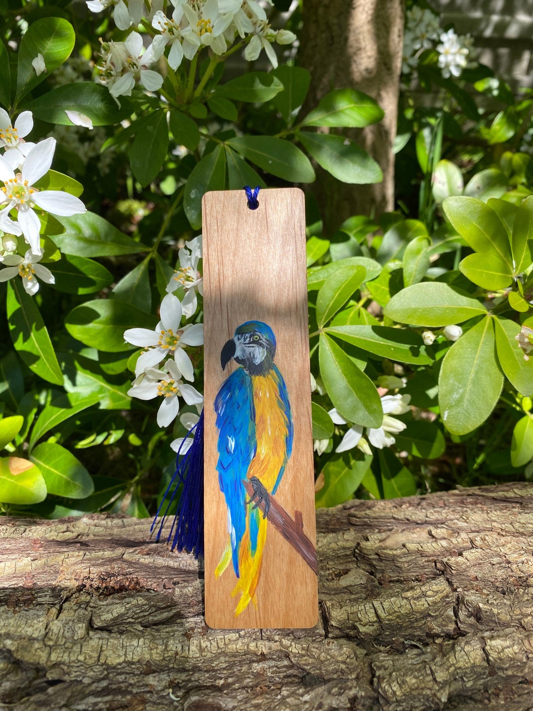 Blue-yellow Tropical Parrot Painting on a Wooden Bookmark, Perfect to ...