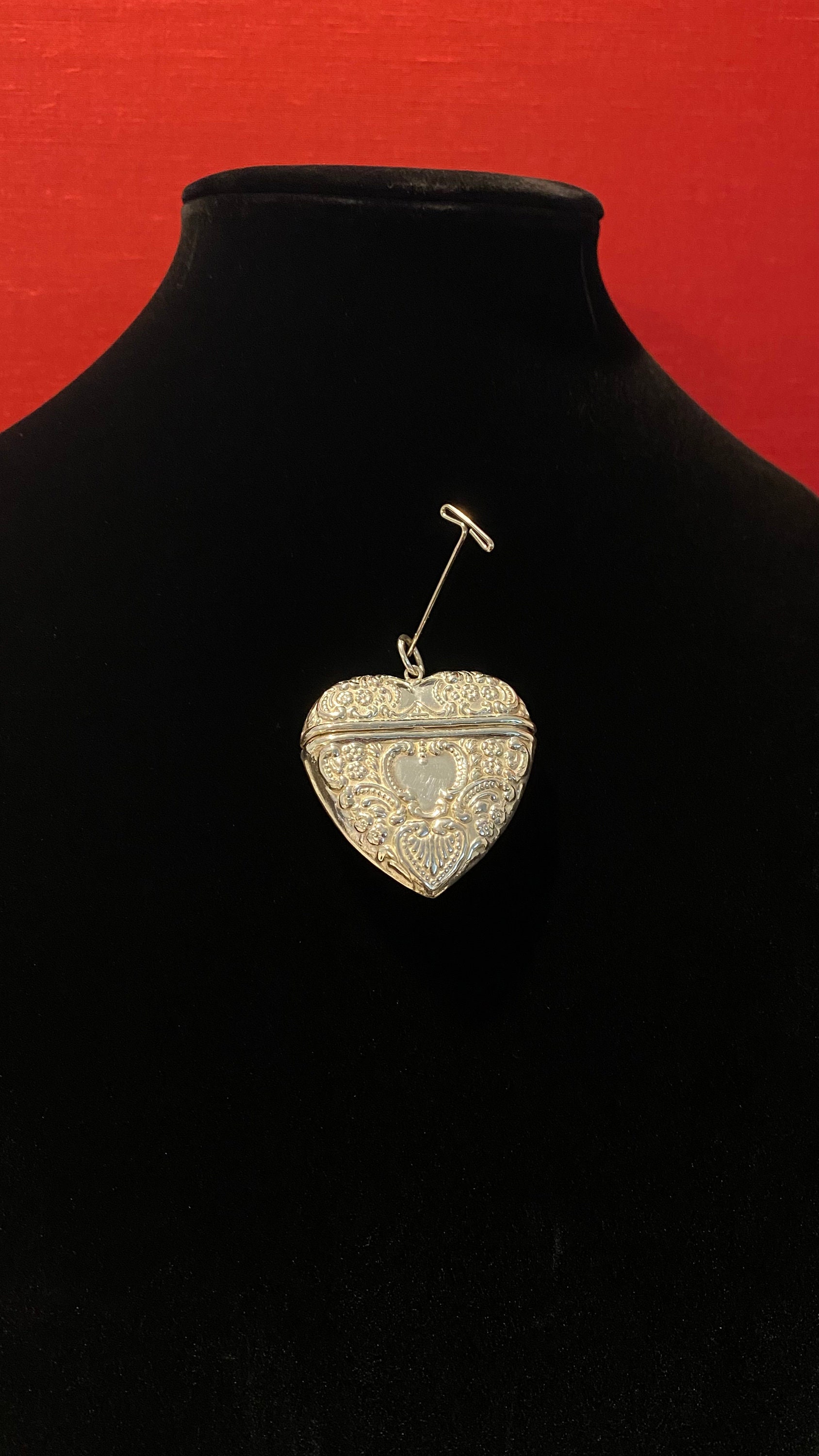 Vintage English Sterling Silver Large Repousse Heart Box Pendant