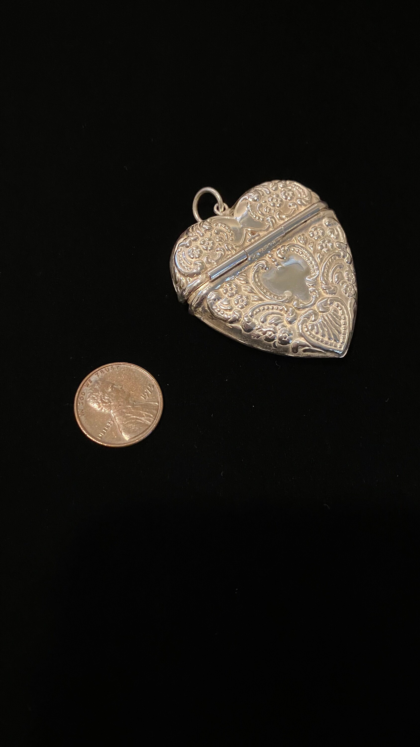 Vintage English Sterling Silver Large Repousse Heart Box Pendant