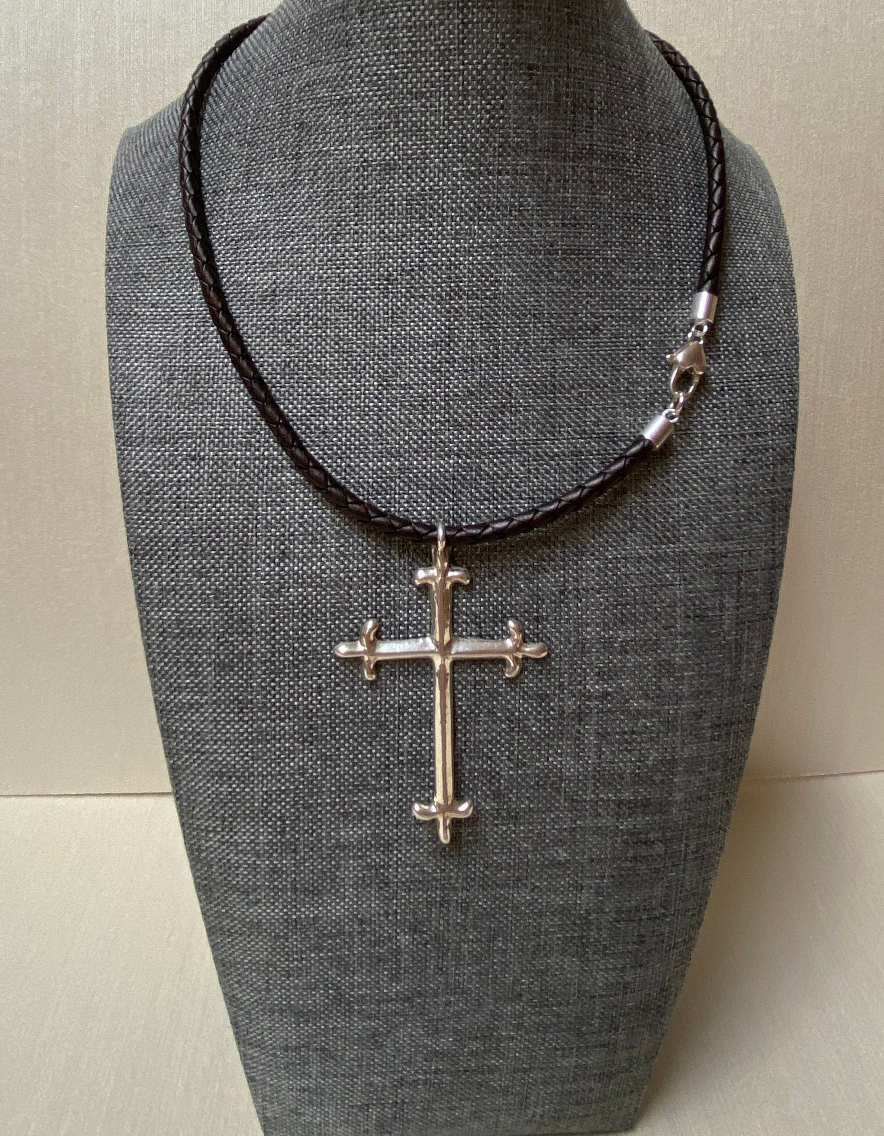 Sterling & Braided Leather Vintage Cross With Heart