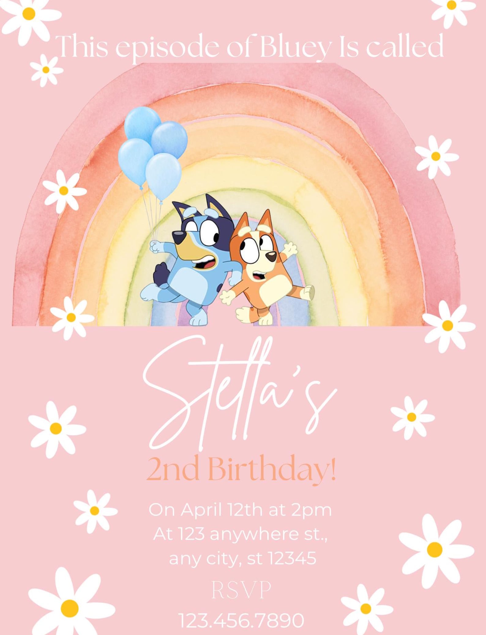 Editable Girl Bluey Daisy Birthday Invitation Template, Printable Bluey ...