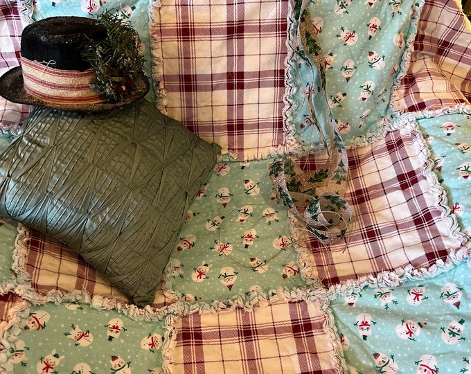 Snowman and Plaid Rag Quilt Throw. Handmade - Etsy