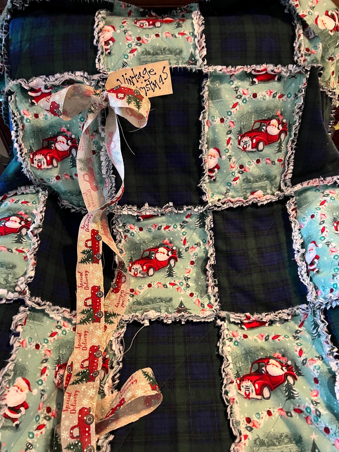 Vintage Santa and Plaid Rag Quilt Throw. Handmade - Etsy