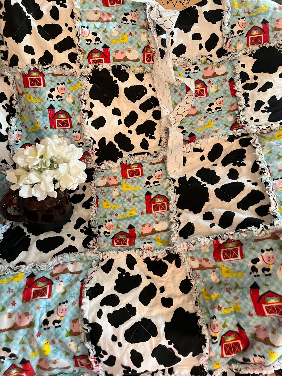Little Farm Cow Patch Rag Quilt Throw. Handmade - Etsy