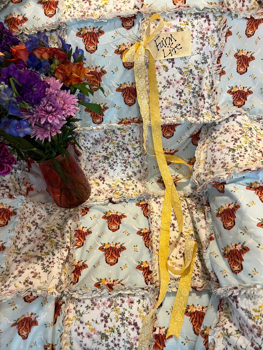 Cow and Flowers Rag Quilt Throw. Handmade - Etsy