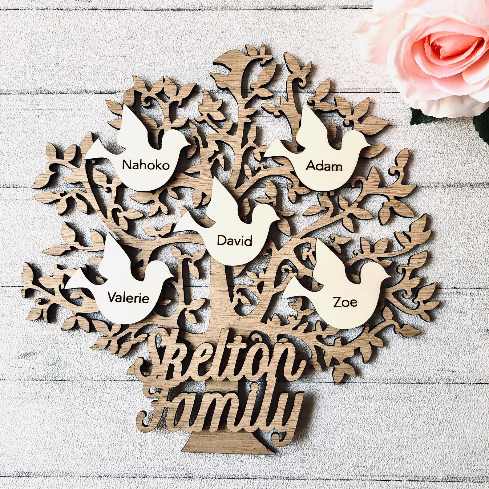 Personalised Wooden Oak Family Tree With Doves/anniversary, Birthday ...