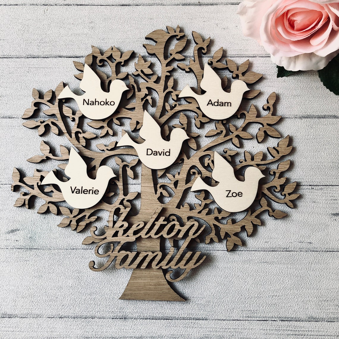 Personalised Wooden Oak Family Tree With Doves/anniversary, Birthday ...