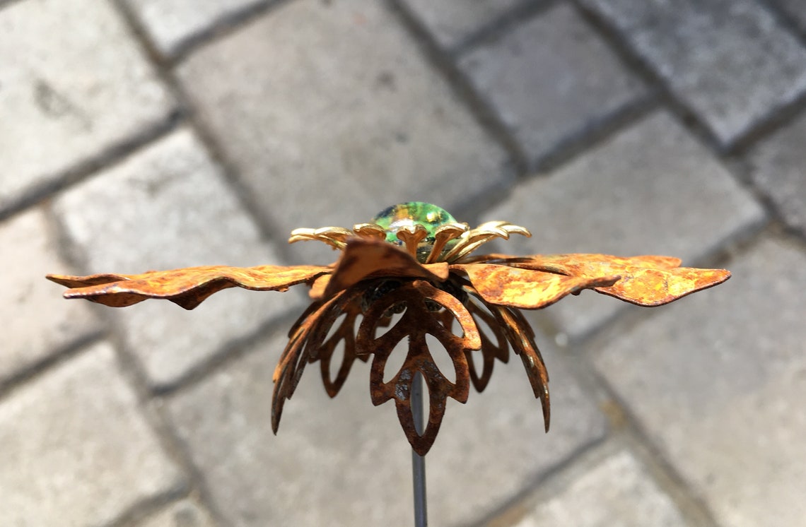 3 3/4 Rusted Metal Flower With Glass Center on 12 - Etsy