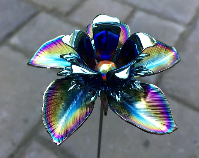 Plated Metal Flower With Iridescent PVD Finish With Glass Center on 12 ...