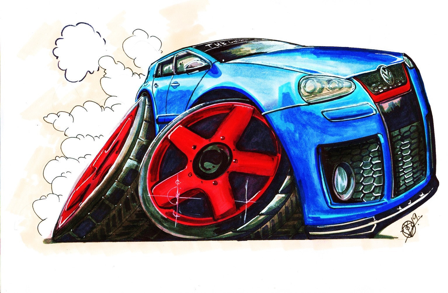 Golf Mk5 Cartoon Drawing-original A4, Fun Volkswagen Cartoon ...