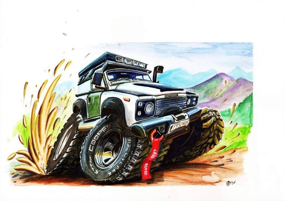 Land-rover cartoon tekening A3 print versie off-road fun | Etsy
