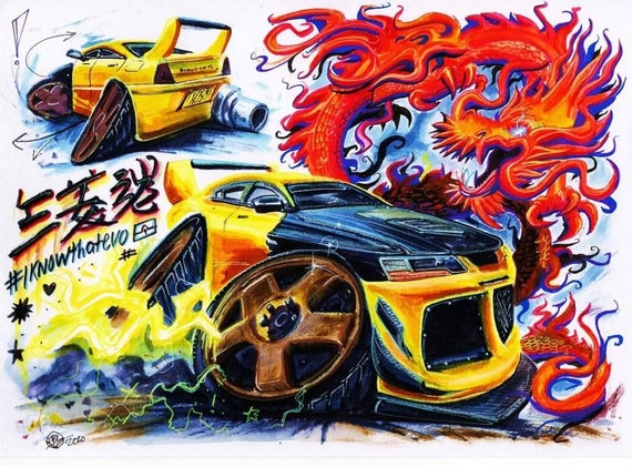 Lancer Cartoon Drawing A3 Print Version JDM Drift Machine | Etsy UK