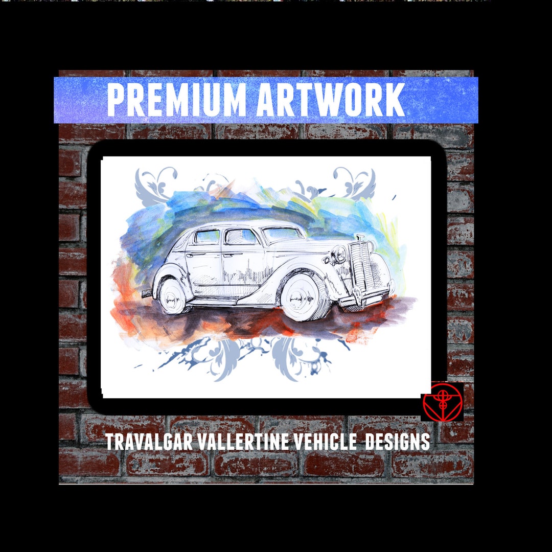 Classic Car Drawing Print, Hand Drawn Design and Water Colour Paints ...