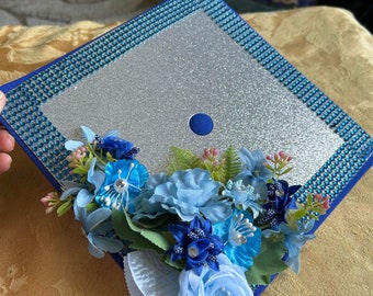Shiny Light Blue Graduation Cap With Tassel 2024 Date Drop Blank Grad ...