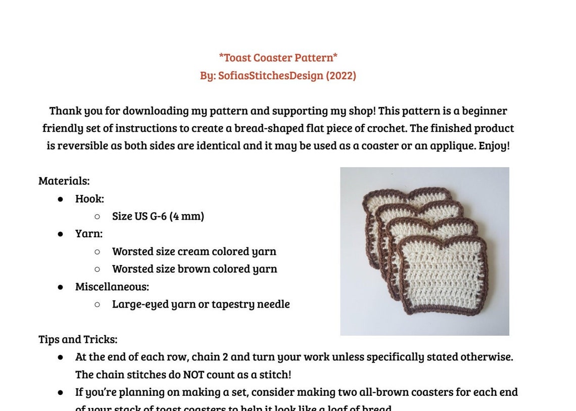 Toast Coaster *digital Pattern* - Crochet Bread Slice Coaster Pattern ...