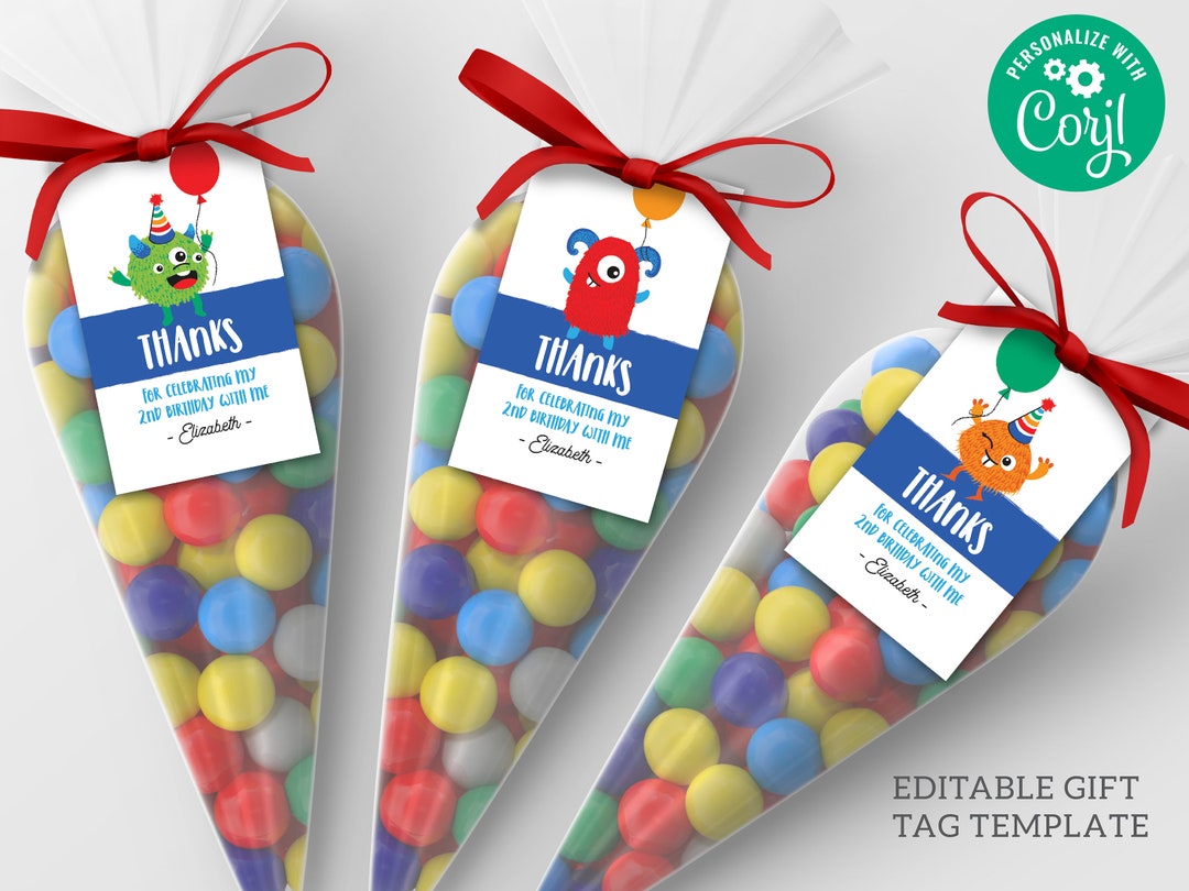 Monster Birthday Gift Tag Set: Editable Party Favor (corjl Template ...