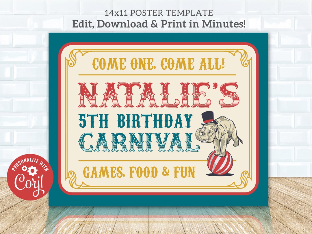 Editable Circus Birthday Party Sign - Vintage Carnival Theme, 14x11 ...