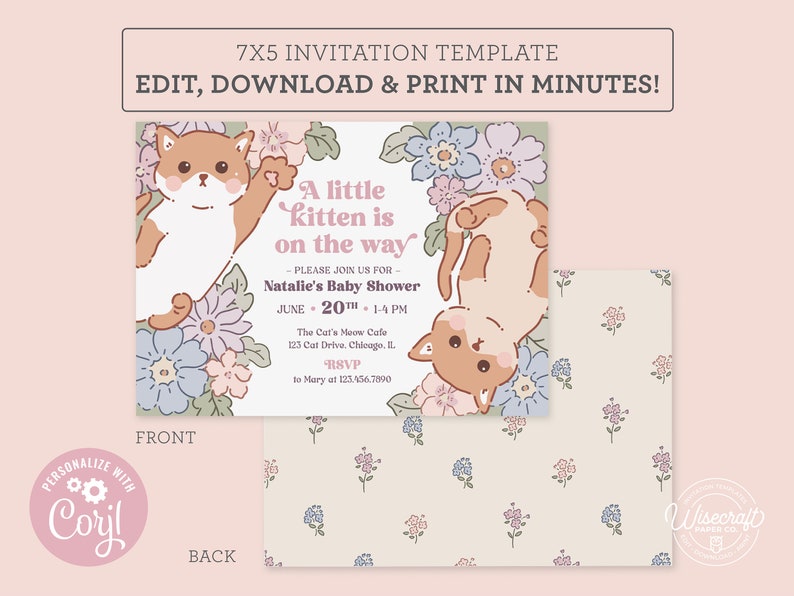 Kitten Baby Shower Invitation: Pastel Floral Corjl Template (digital ...