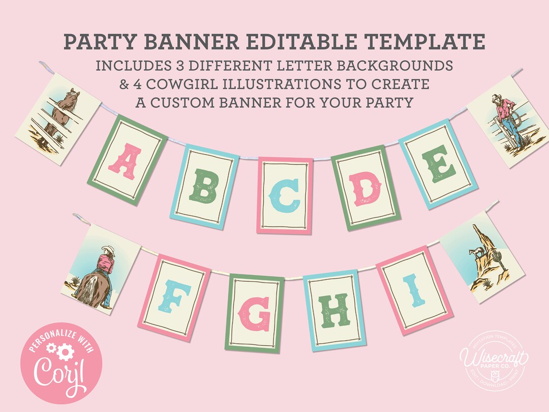 Editable Cowgirl Birthday Banner: Horseback Riding Party Corjl Template ...