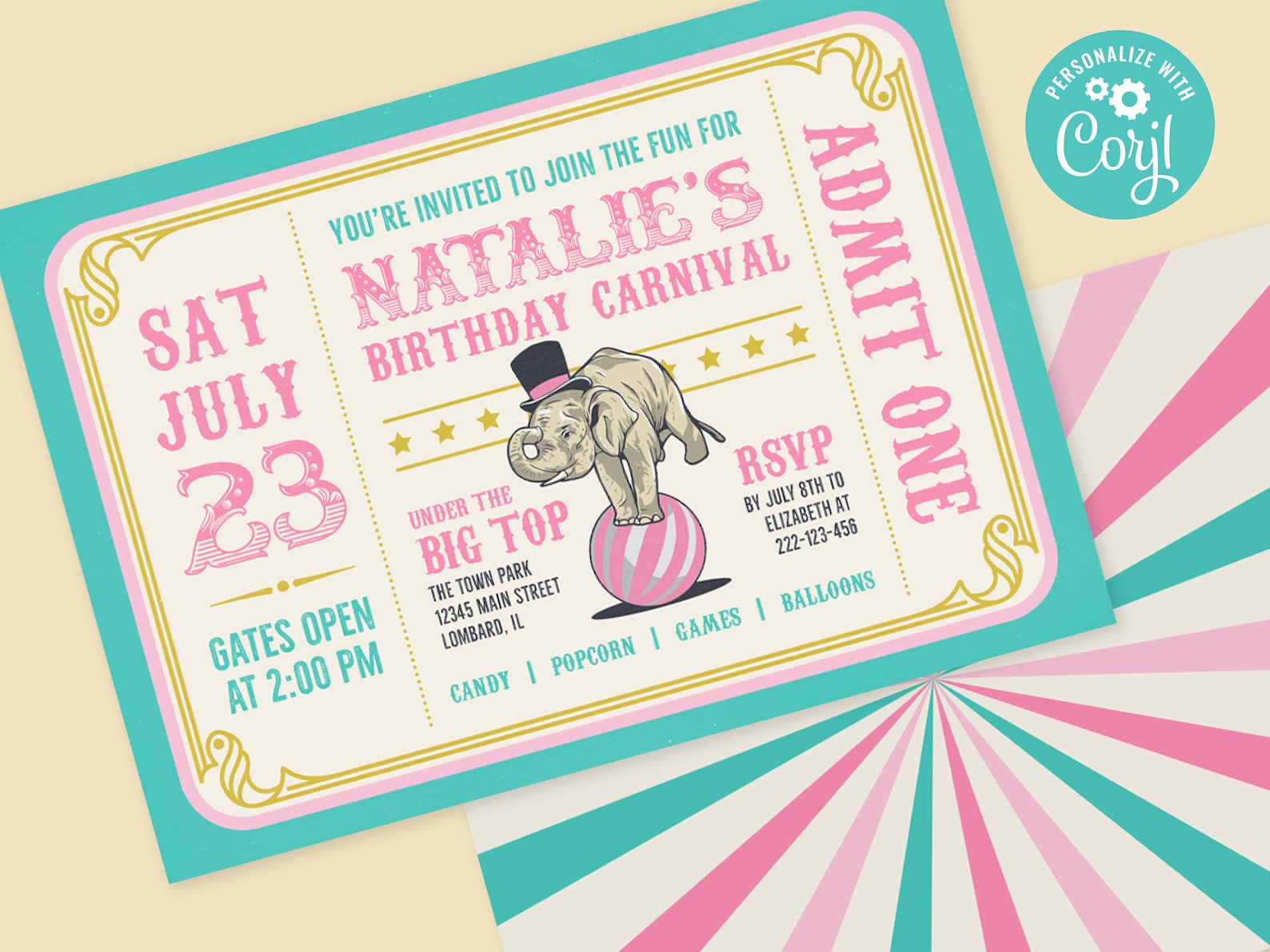 Carnival Ticket Circus Pastel Birthday Party Editable - Etsy