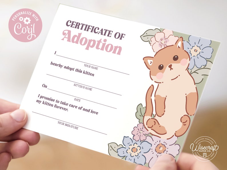 Adopt a Kitten Party Sign & Certificate: Pastel Floral Corjl Template ...