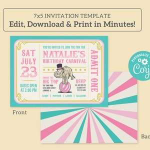 Carnival Ticket, Circus, Pastel Birthday Party, Editable Invitation ...