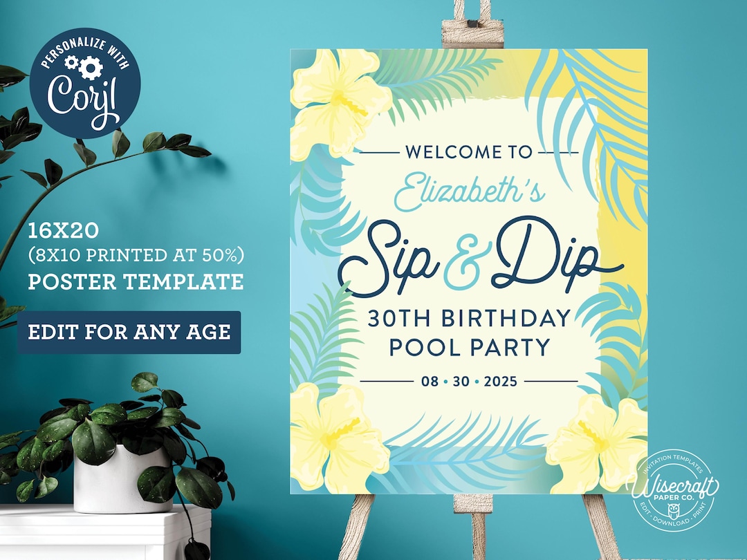 Tropical Sip and Dip Birthday Party Poster – Editable Corjl Template ...