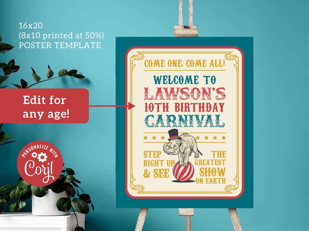 Editable Circus Birthday Party Sign – Vintage Carnival Theme, 16x20 ...