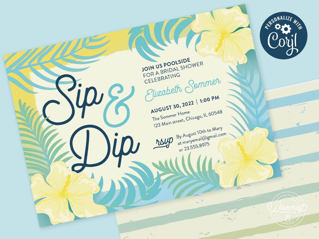 Editable Sip and Dip Bridal Shower Invitation Tropical Pool Party, 7x5 ...
