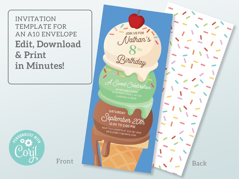 Icecream Ice Cream Sundae Editable Birthday Invitation - Etsy