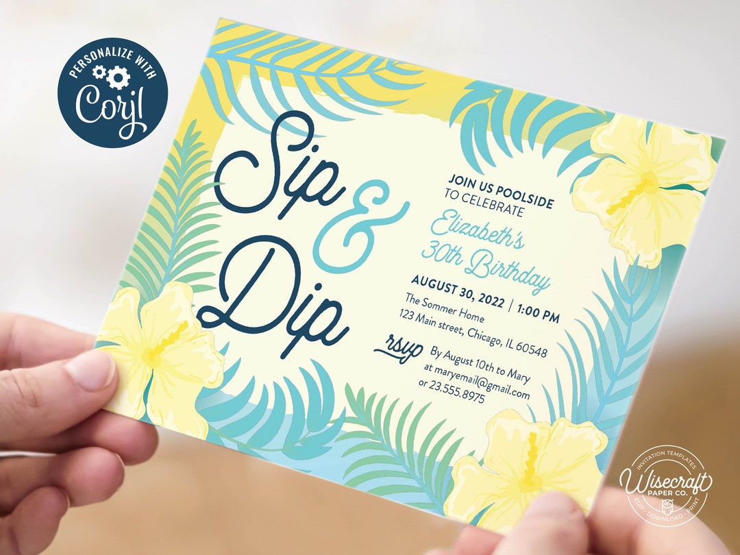 Tropical Sip and Dip Birthday Invitation: Editable Pool Party Corjl ...