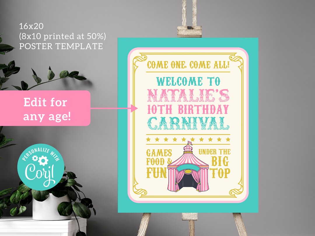 Editable Circus Birthday Party Sign - Pastel Carnival Theme, 16x20 ...