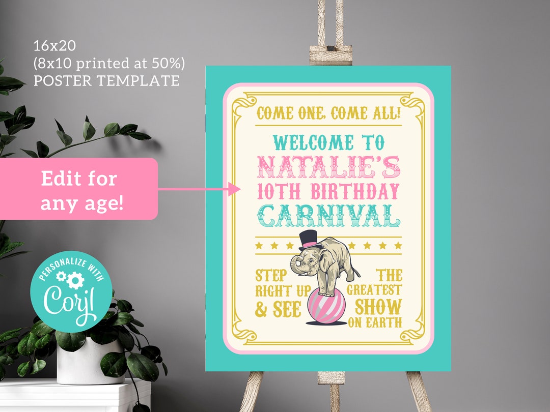 Editable Circus Birthday Party Sign - Pastel Carnival Theme, 16x20 ...